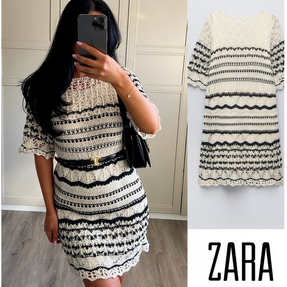 Zara | Dresses | Zara New Ss23 Crochet Knit Mini Dress Ruffled Black ...